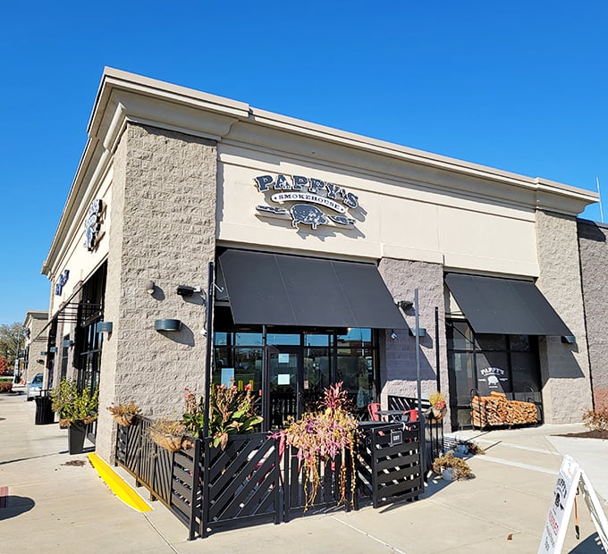 A BBQ beacon in the heart of St. Louis! Pappy's exterior promises smoky delights within, with its welcoming facade and inviting outdoor seating area.