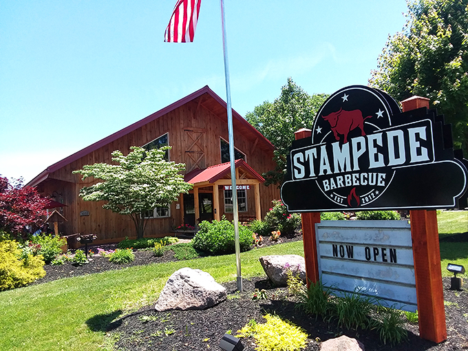 Welcome to meat paradise! This rustic barn-like exterior promises smoky delights that'll make your taste buds do a happy dance.