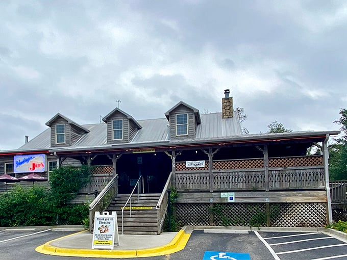Step into a time machine disguised as a rustic cabin. This charming exterior promises burgers that'll make your taste buds do a happy dance!