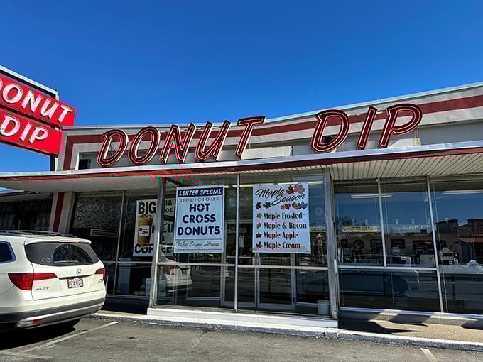 A retro sign that screams "donut paradise"! Donut Dip's exterior is like a time machine to simpler days when calories didn't count and sprinkles were a food group.