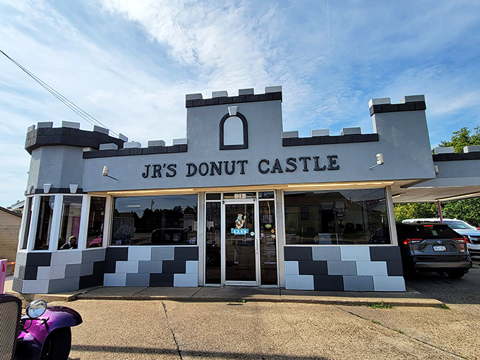 A castle fit for a sugar king! JR's Donut Castle stands proud, its whimsical turrets promising a royal feast of fried dough delights inside.