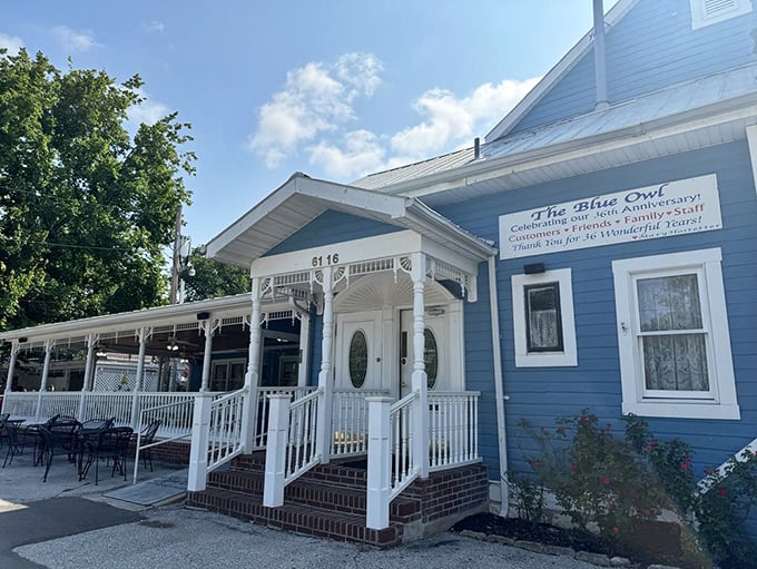 The storybook blue exterior with white trim beckons like a mirage in the Missouri countryside. No filter needed&mdash;this is pure small-town charm at its finest.