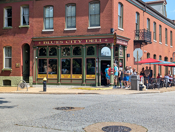 A corner of culinary history: Blues City Deli's classic St. Louis brick building stands proudly at McNair Avenue, like a delicious secret waiting to be discovered.