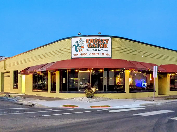 Welcome to the Frosty Gator, where the exterior is as bold as their buffalo sauce! This lime-green beacon of deliciousness stands out like a gator in a snowstorm.