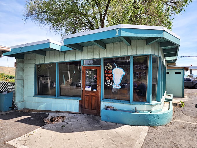 A blue beacon of burger bliss! Hal's Hamburgers stands proud, its neon sign a siren call to hungry souls since 1952.