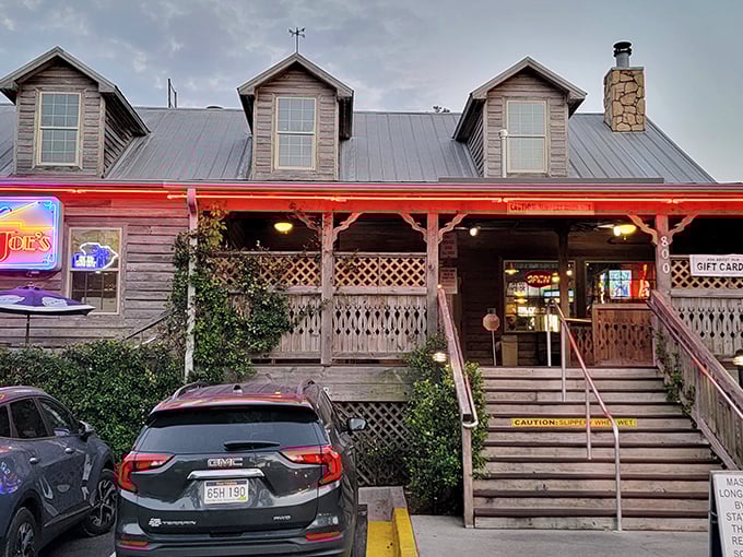 Step into a time machine disguised as a rustic cabin. This charming exterior promises burgers that'll make your taste buds do a happy dance!