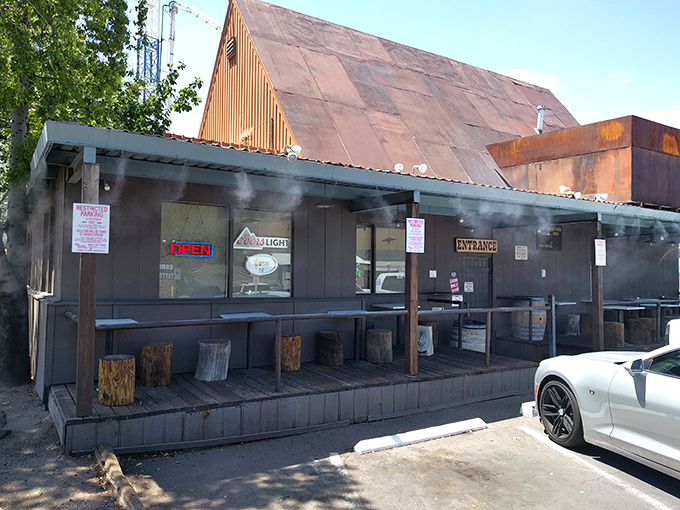 Rustic charm meets urban oasis! The Chuckbox's exterior is like a time machine disguised as a burger joint.