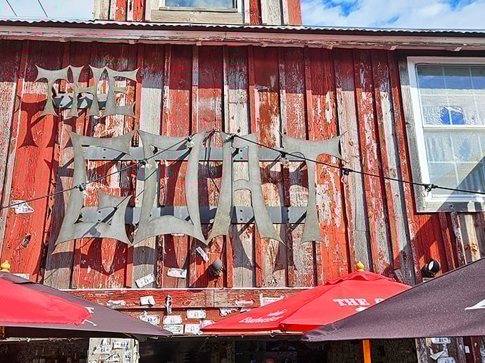 Weathered wood and faded paint: The Goat's exterior is like a treasure map to deliciousness, complete with a "2 for 1 burgers" X marks the spot!