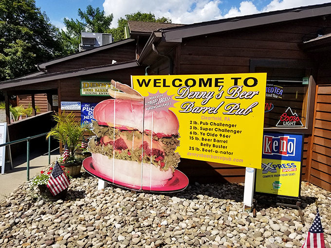 "Welcome to burger paradise!" This inviting entrance to Denny's Beer Barrel Pub promises a feast fit for kings and queens of comfort food.