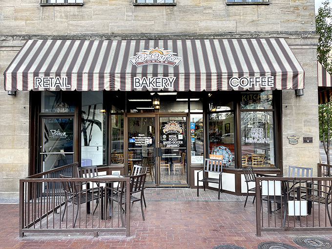 Step into a world where stripes aren't just for zebras! Goldy's Corner beckons with its charming awning, promising delights that'll make your taste buds do a happy dance.