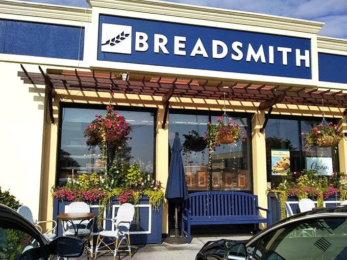 A bakery that's more inviting than your grandma's kitchen? Breadsmith's cheerful blue facade and hanging flower baskets say, "Come on in, carb lovers!"
