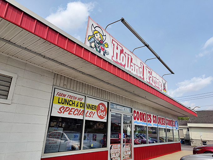 Welcome to carb heaven! Holland Farms' iconic storefront beckons with promises of sugary delights and deli dreams. It's like Willy Wonka opened a bakery in small-town America.
