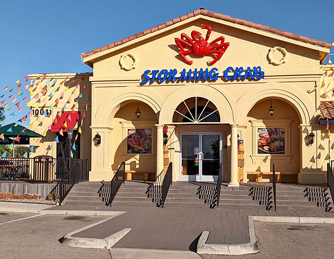 Ahoy, seafood lovers! Storming Crab's sunny facade is like a beacon of hope for landlocked desert dwellers craving a taste of the coast.