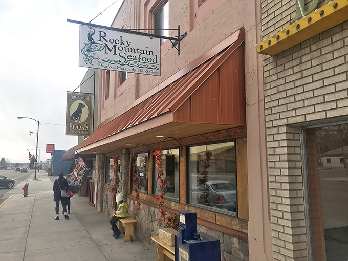 A seafood oasis in cowboy country! Rocky Mountain Seafood's charming exterior promises oceanic delights amid Afton's mountain air.