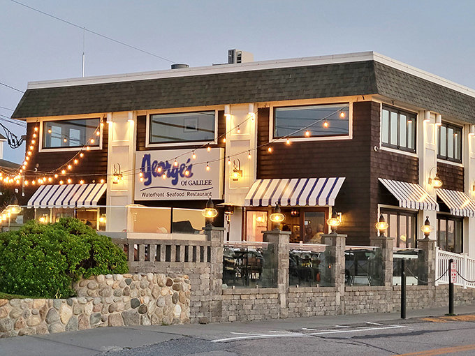 A seafood lover's paradise awaits! George's of Galilee stands proud against the Rhode Island sky, promising oceanic delights and views that'll make your Instagram followers green with envy.