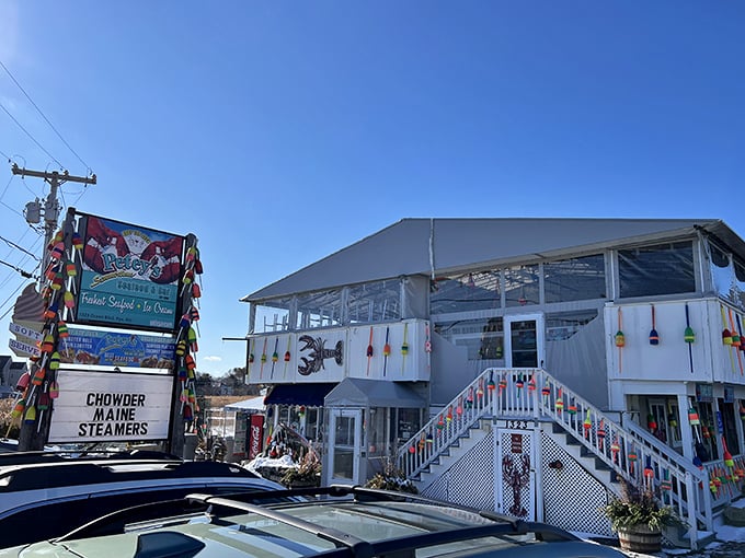 Ahoy, seafood lovers! Petey's beckons with its whimsical buoy-adorned staircase, promising a nautical feast that'll float your boat.