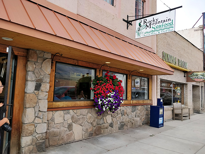 A seafood oasis in cowboy country! Rocky Mountain Seafood's charming exterior promises oceanic delights amid Afton's mountain air.