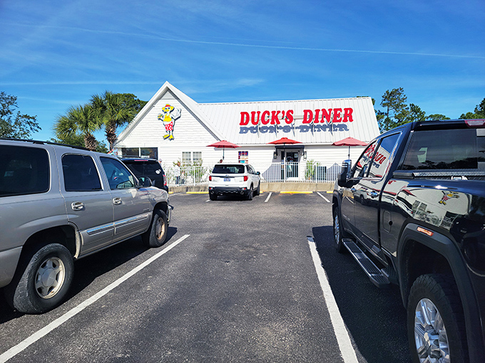 A quack-tastic welcome! Duck's Diner's cheerful exterior promises a feast that'll ruffle your feathers in the best way possible.