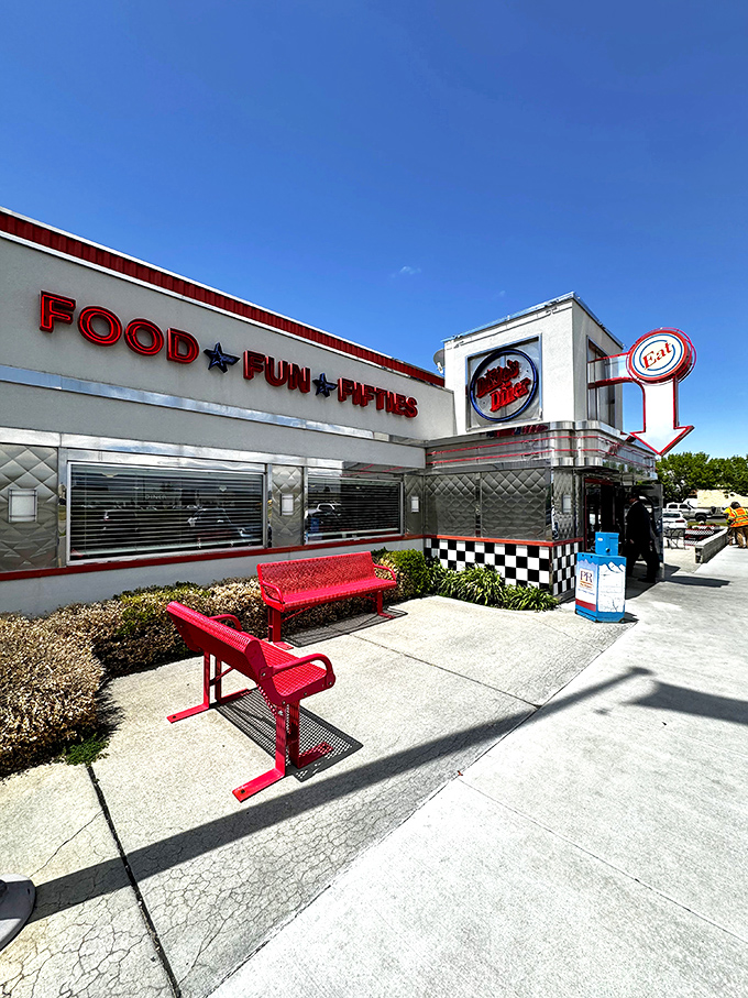 Step into a time machine disguised as a diner! Dixie's chrome exterior and neon sign promise a journey back to the fabulous fifties.