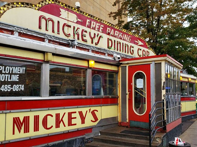 All aboard the flavor express! Mickey's Dining Car stands proud, a gleaming beacon of comfort food and nostalgia in the heart of St. Paul.