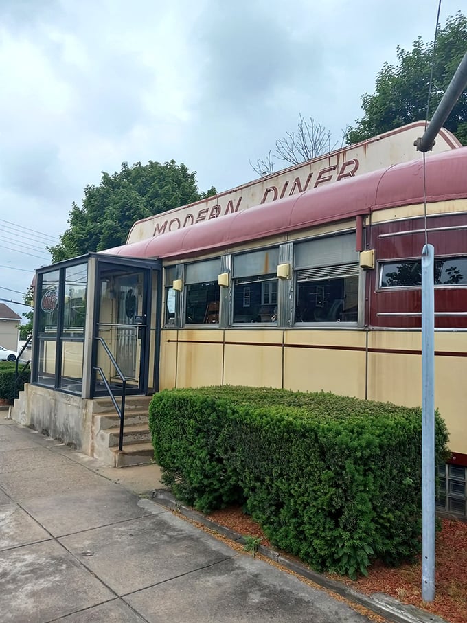 The iconic Sterling Streamliner exterior of Modern Diner stands proudly in Pawtucket, a time capsule of Americana that happens to serve incredible breakfasts.