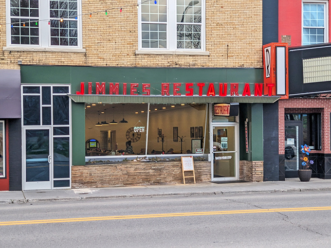 The iconic red lettering of Jimmie's Restaurant stands out like a beacon of breakfast hope on Mercer Street, promising comfort food that delivers on nostalgia.