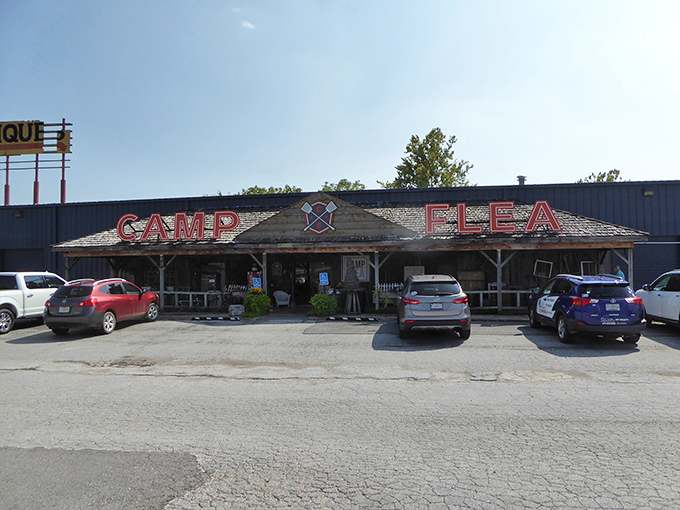 Welcome to Camp Flea, where nostalgia meets retail therapy! This rustic facade promises a treasure trove of memories waiting to be rediscovered inside.