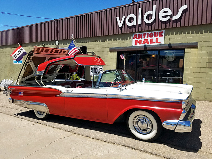 Welcome to Santa Fe Antiques, where time travel is just a doorway away. Step into this olive-green time machine and prepare for a journey through decades of treasures.