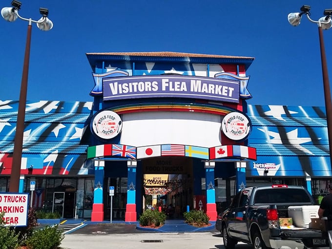 A star-spangled shopping spree awaits! This flea market's facade is more colorful than a bag of Skittles left in the Florida sun.