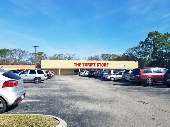 Welcome to the mothership of markdown merchandise! The Thrift Store's exterior promises a treasure trove of bargains waiting to be unearthed.