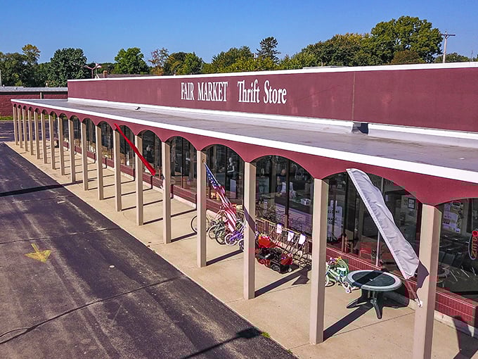 Welcome to the Taj Mahal of thrift stores! Fair Market's expansive storefront stretches out like a red-carpeted runway for bargain hunters.