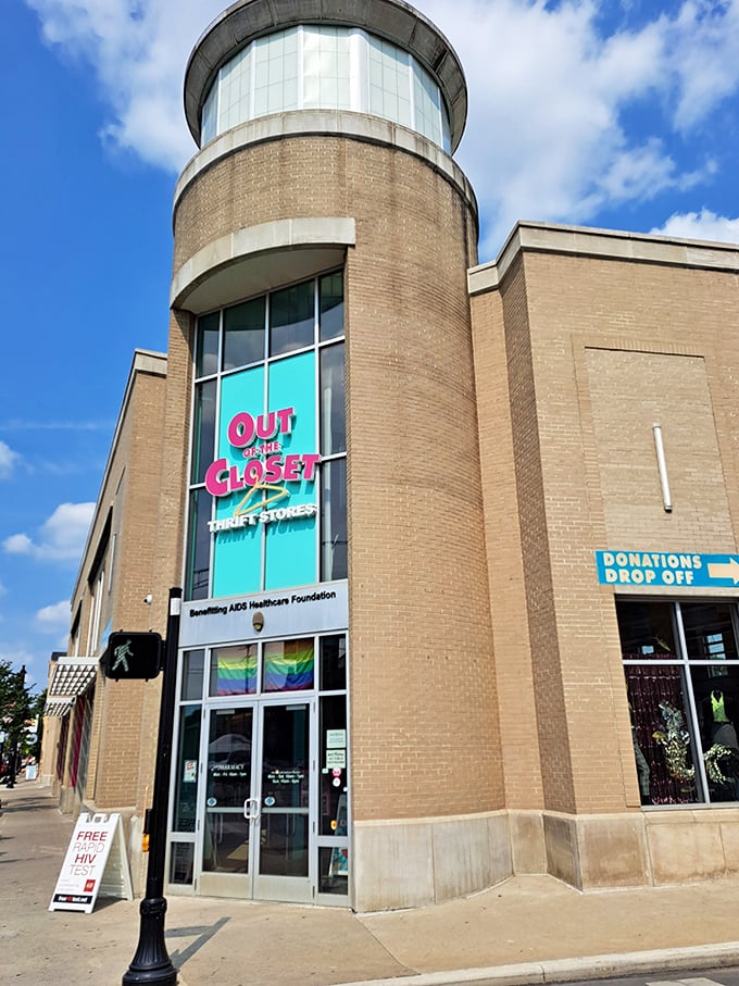 The architectural equivalent of a fashion statement, Out of the Closet's distinctive cylindrical tower and pink signage beckons bargain hunters to Columbus' Short North district.