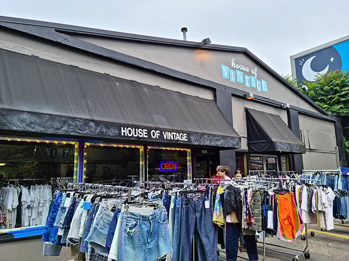 The unassuming exterior of House of Vintage beckons with racks of denim treasures, like a fashion speakeasy hiding in plain sight on Hawthorne Boulevard.