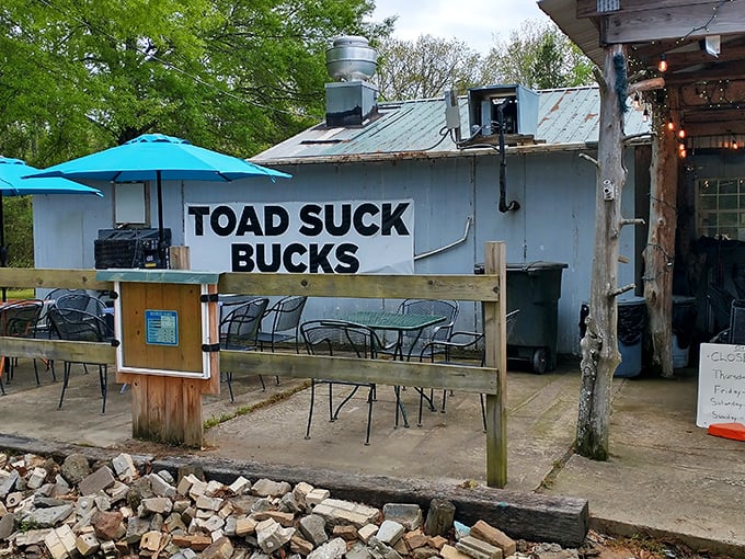 Welcome to Toad Suck Bucks, where the name's as quirky as the charm! This rustic gem looks like it jumped straight out of a country song.
