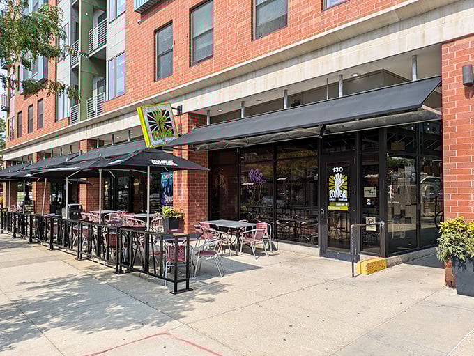 Welcome to Zombie Burger, where the undead come alive! This brick-faced eatery serves up apocalyptic ambiance with a side of urban charm.