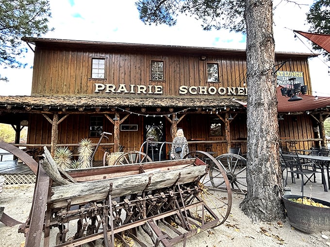 Step into the Wild West! Prairie Schooner's rustic exterior promises a dining adventure where covered wagons meet culinary delights.