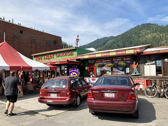 Welcome to the Red Light Garage, where nostalgia meets appetite! This quirky facade promises a journey through time and taste, all nestled in the heart of Wallace, Idaho.
