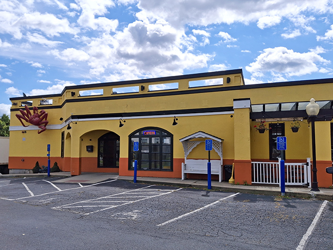 "Welcome to flavor town! This sunny exterior is like a beacon for seafood lovers, promising a feast inside."