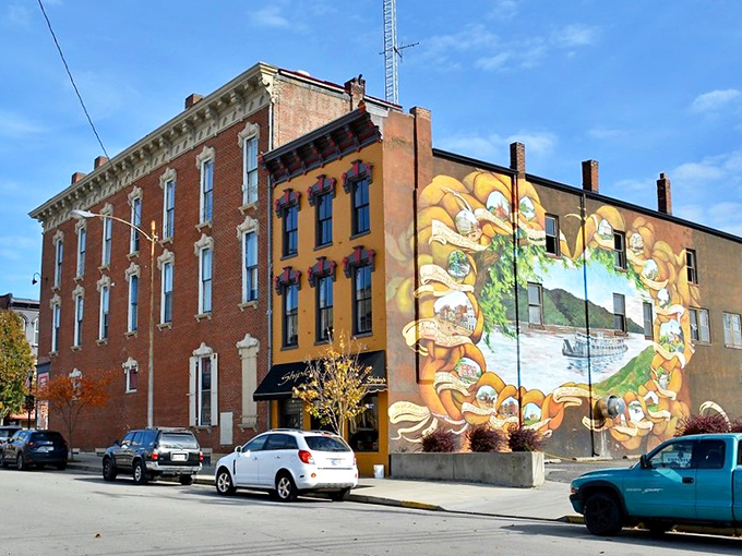 Madison's golden-hour glow transforms the Ohio River into a ribbon of light, while the historic downtown waits patiently below like a living museum. 