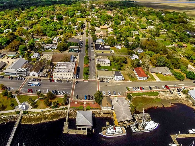 St. Marys unfolds like a storybook, its tree-lined streets and charming waterfront inviting you to explore every nook and cranny. This aerial view promises adventures waiting to be discovered.