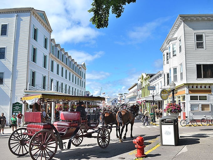 Step back in time on Mackinac Island's Main Street, where horse-drawn carriages and bicycles reign supreme. It's like someone hit pause on the 19th century, but with better ice cream options.