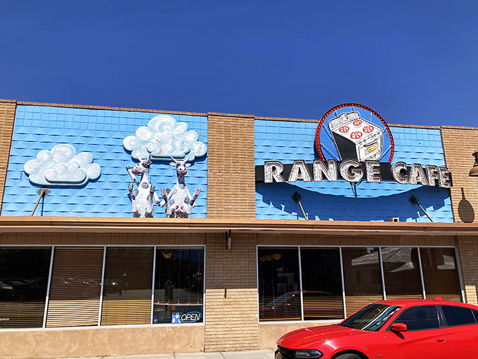 Holy cow! This café's façade is like a whimsical New Mexican postcard come to life. Those cloud-peeking bovines are udderly delightful!