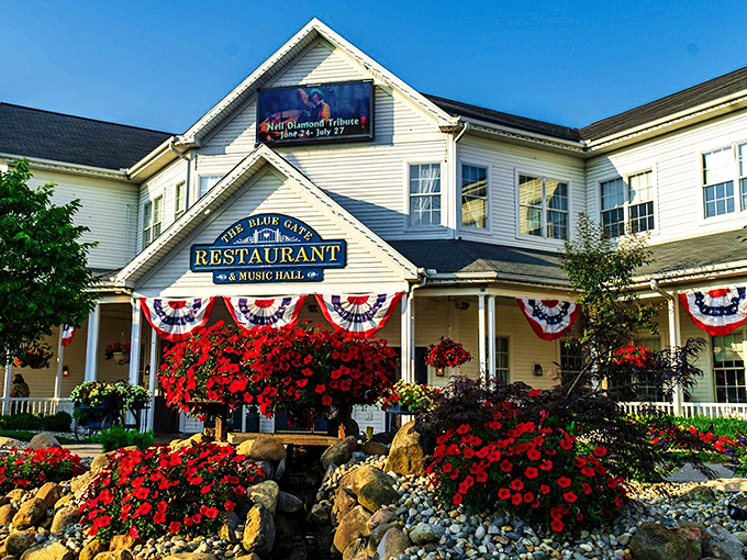 A slice of Americana with a side of pie! The Blue Gate Restaurant's charming exterior promises comfort food and warm hospitality, wrapped in a cozy small-town embrace.