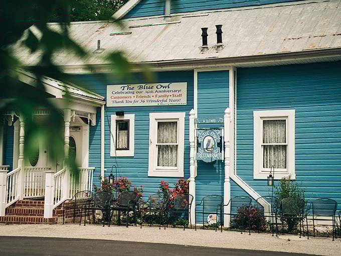 The storybook blue exterior with white trim beckons like a mirage in the Missouri countryside. No filter needed&mdash;this is pure small-town charm at its finest.