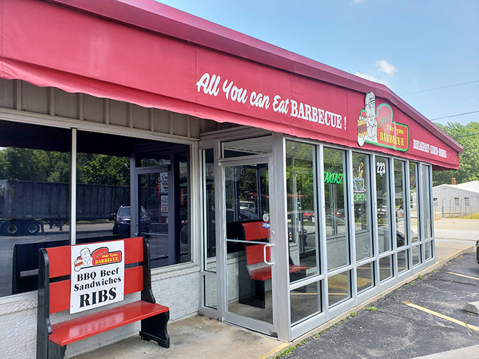 Sam's Olde Tyme Hamburgers & Barbecue announces its presence with prehistoric flair, promising adventures in comfort food.