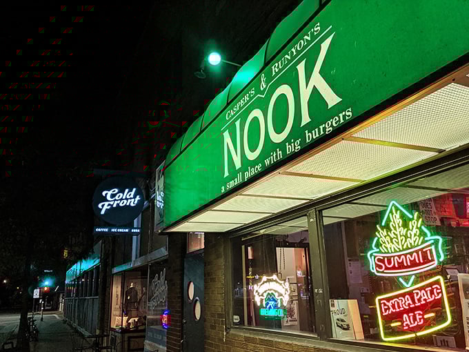 "A small place with big burgers" - The Nook's storefront promises a cozy adventure for your taste buds. It's like finding a treasure chest, but instead of gold, it's filled with juicy patties.