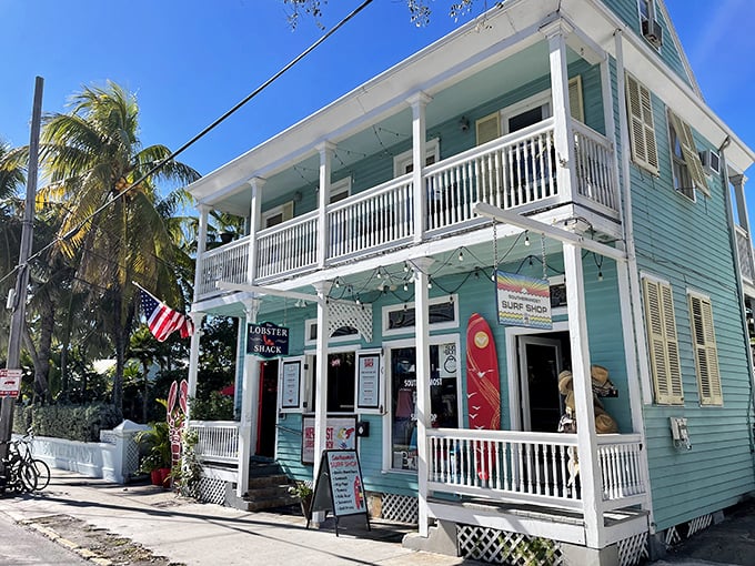 A seafood lover's paradise in pastel! The Lobster Shack's turquoise exterior is as inviting as a cool ocean breeze on a hot Key West day.