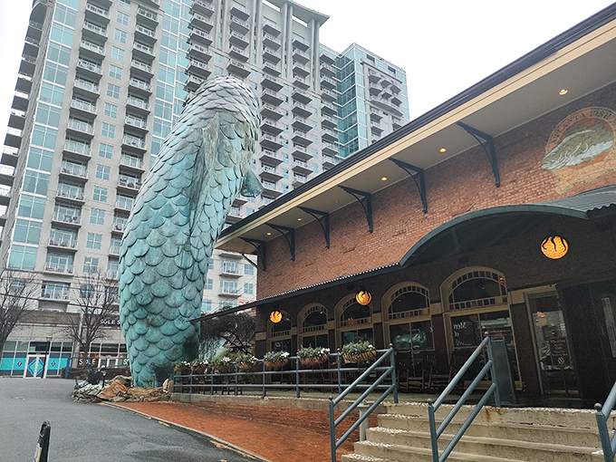 A fish out of water? Not quite! This colossal copper catch is Atlanta Fish Market's show-stopping welcome sign.