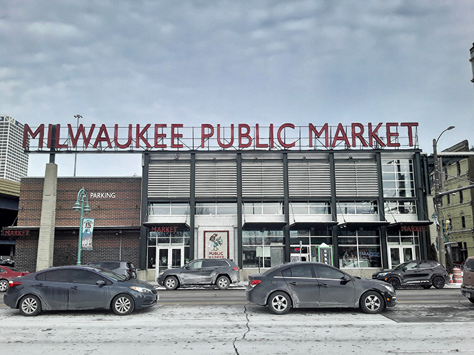 Welcome to seafood paradise! The Milwaukee Public Market sign beckons like a lighthouse, guiding hungry souls to a treasure trove of oceanic delights.