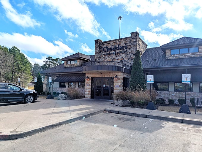 The lodge-like exterior of Cheddar's Scratch Kitchen promises comfort before you even walk through the door. Rustic stone beckons hungry travelers.
